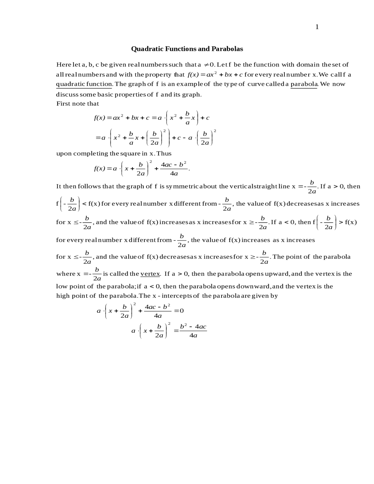 Quadratic Functions And Parabolas Lecture Notes Math 166 Docsity