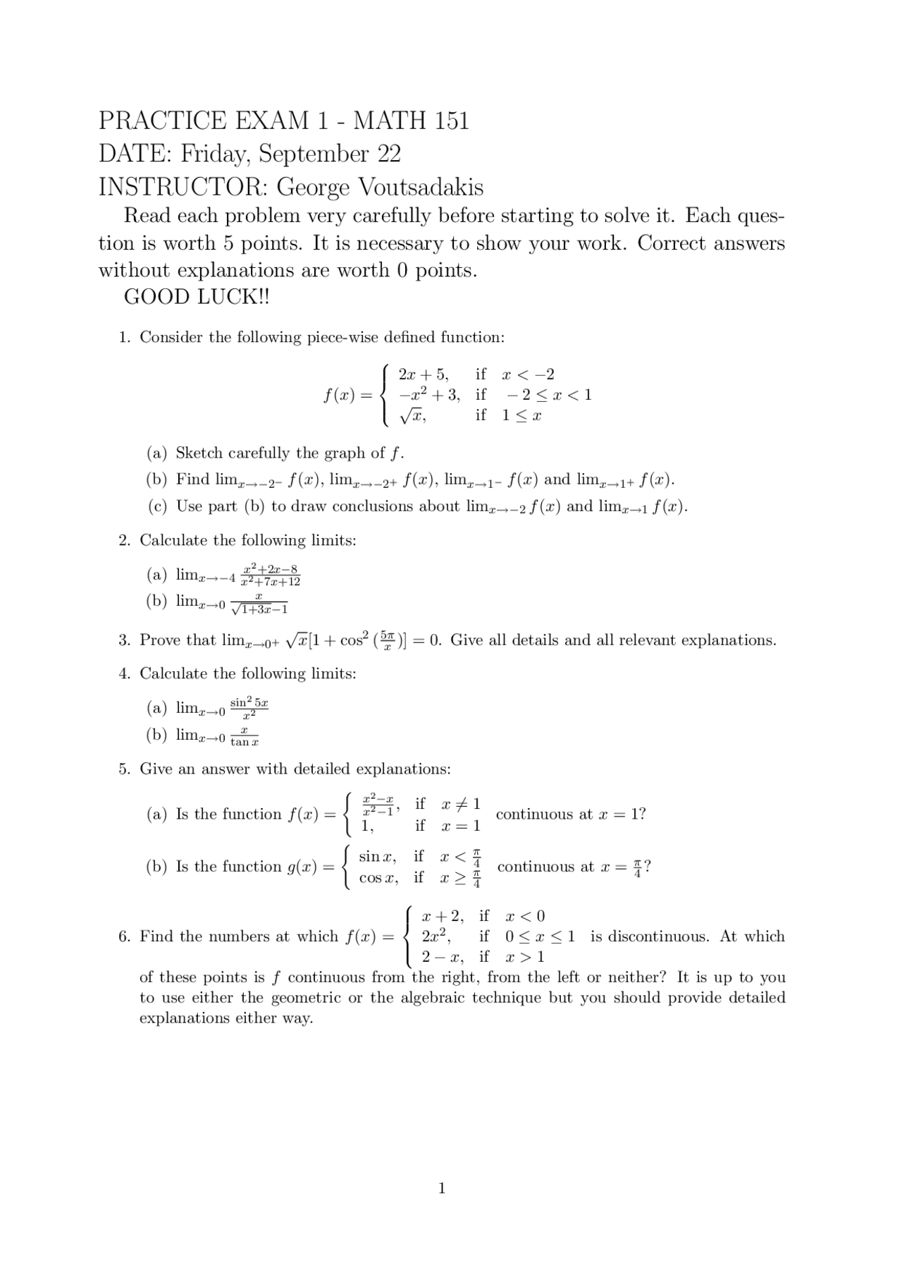 Practice Exam 1 - Business and Social Science Calculus | MATH 151 - Docsity