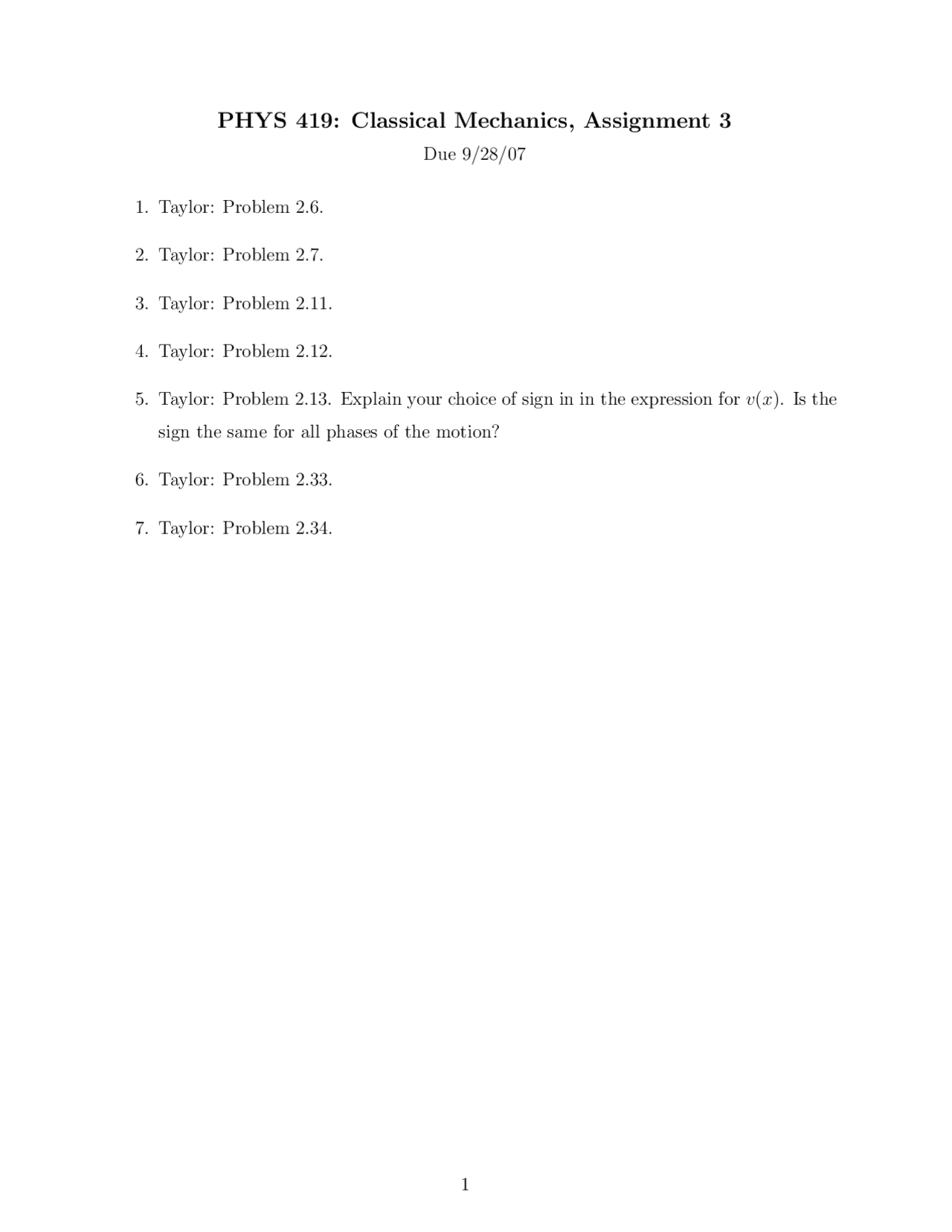 Assignment III Problems - Classical Mechanics I | PHYS 419 - Docsity