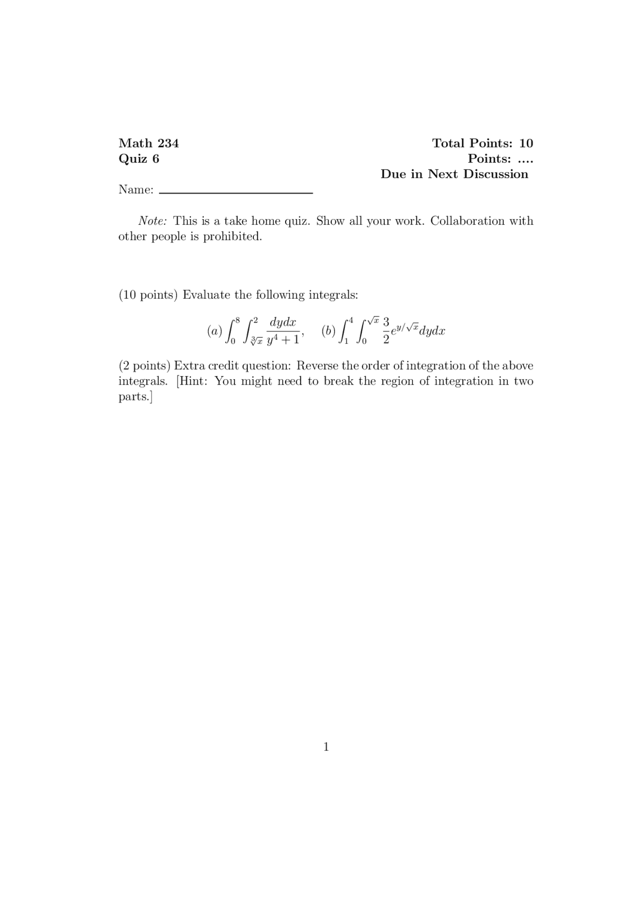 Quiz 6 For Calculus Functions Of Several Variables Math 234 Docsity