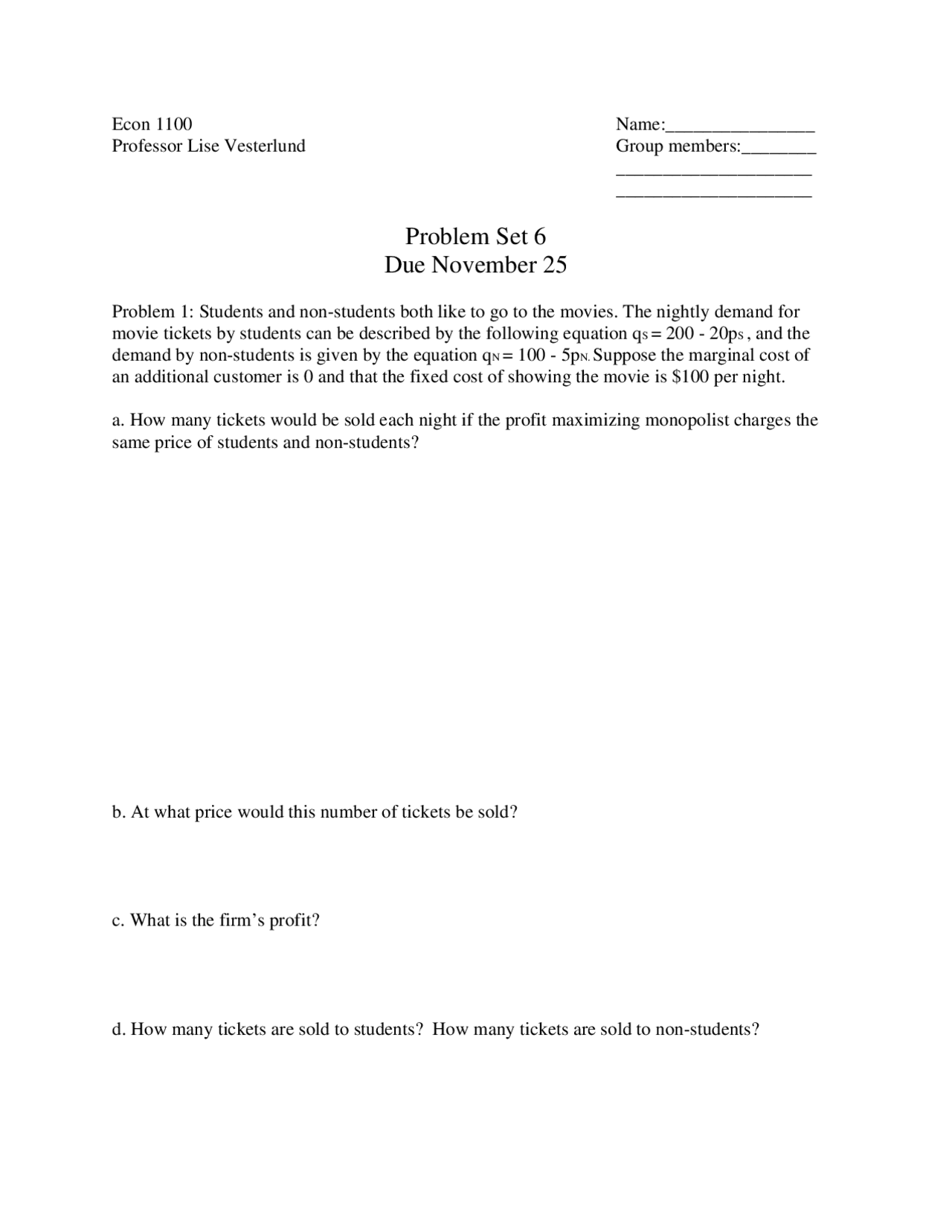 Problem Set 6 Intermediate Microeconomics Econ 1100 Docsity