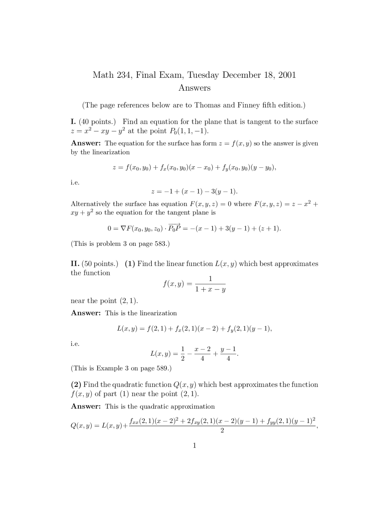 Math 234 Final Exam: Tangent Planes, Approximations, Differentials, and Surface Areas | Exams ...