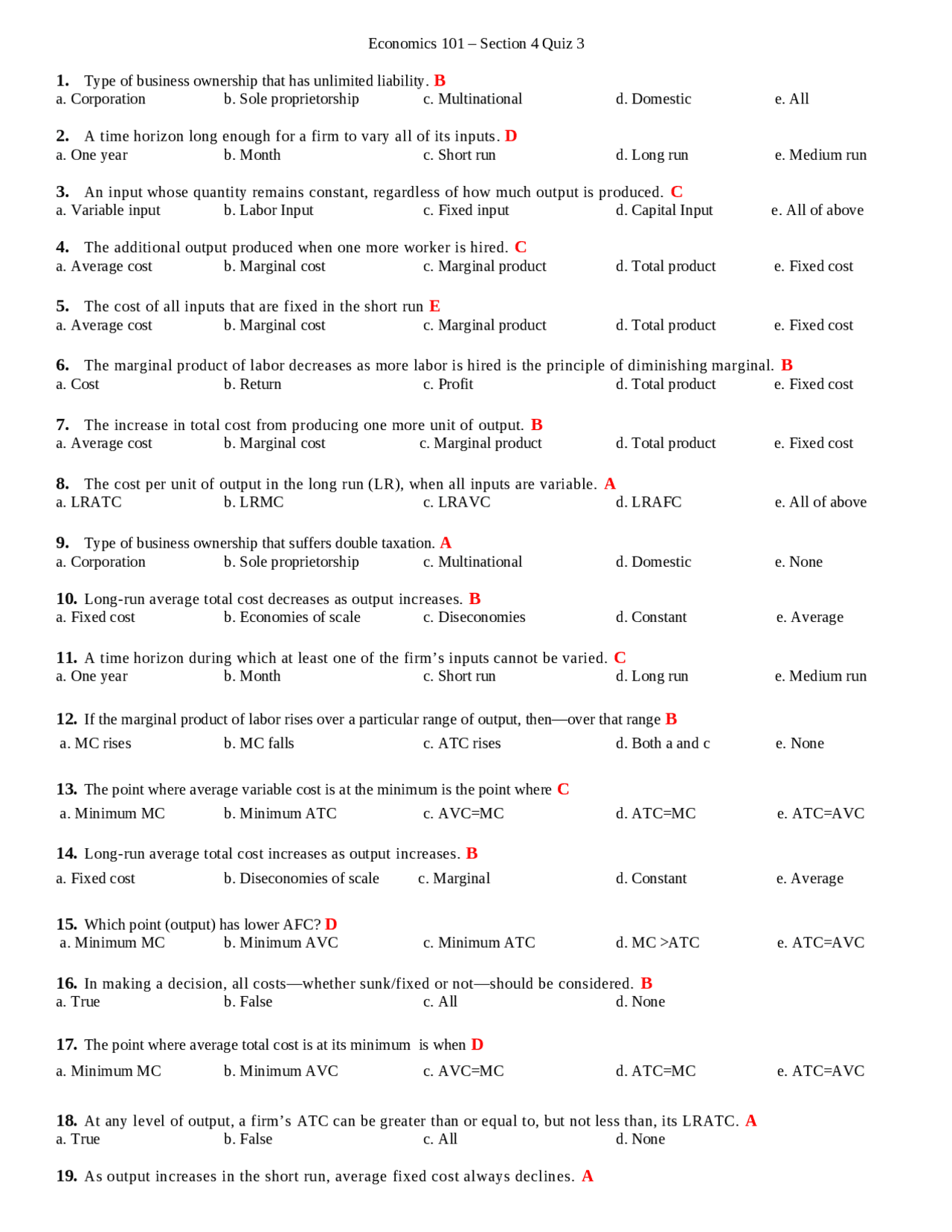 Quiz 3 With Answer Key Principles Of Microeconomics Econ 101 Docsity