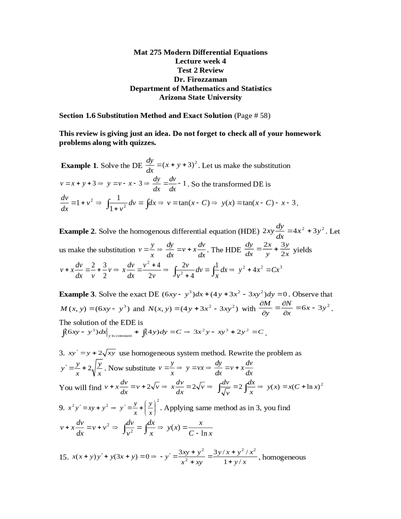 Modern Differential Equations - Examination 2 | MAT 275 | Exams ...