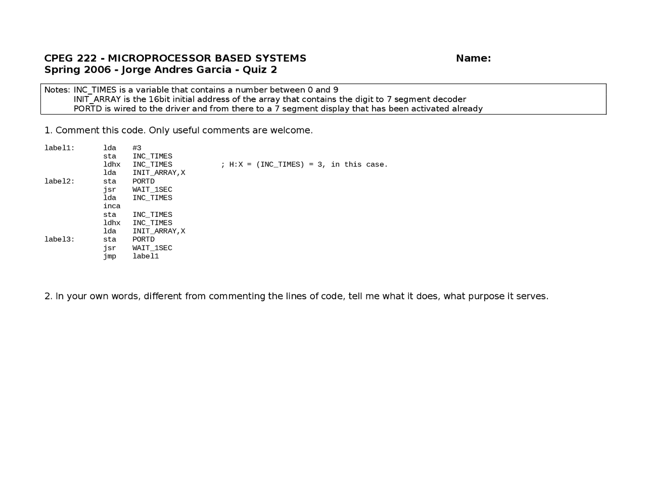 Quiz 2 - Spring 2006 - Microprocessor Systems | CPEG 222 - Docsity
