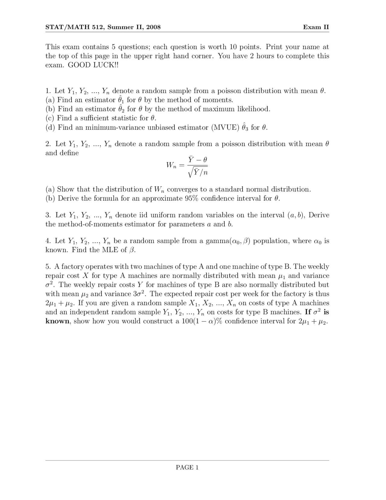 4 Questions For Exam 2 Mathematical Statistics Stat 512 Docsity