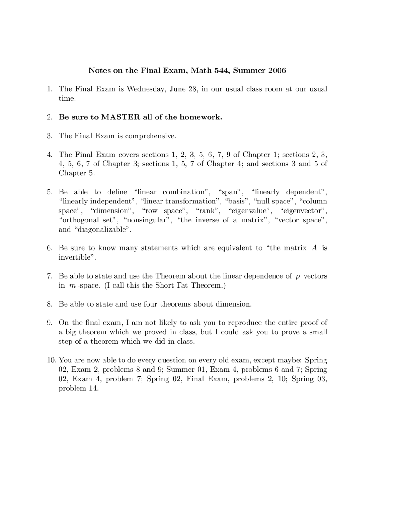 Notes On The Final Exam Linear Algebra Math 544 Docsity