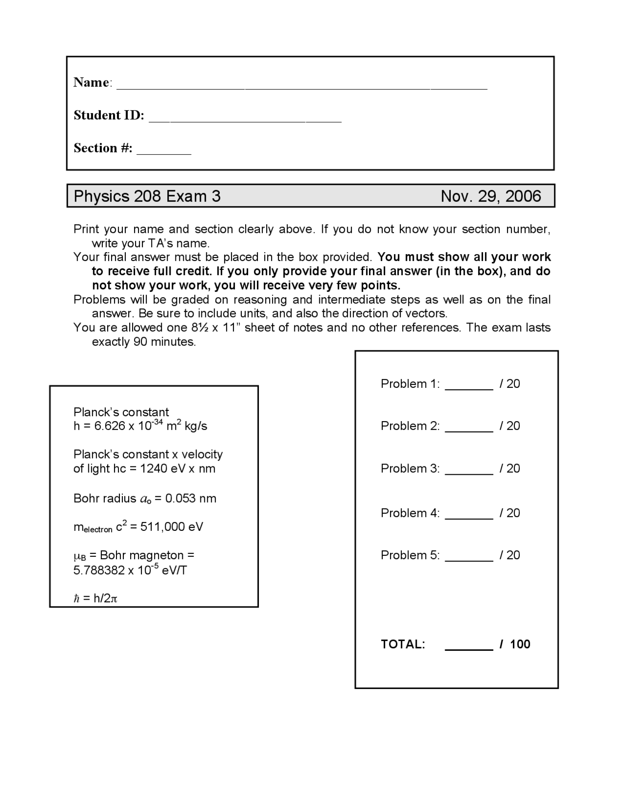 5 Problems For Examination 3 General Physics Physics 208 Docsity