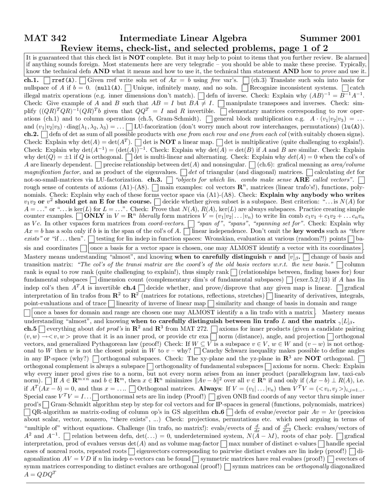Review Sheet For Intermediate Linear Algebra Mat 342 Docsity