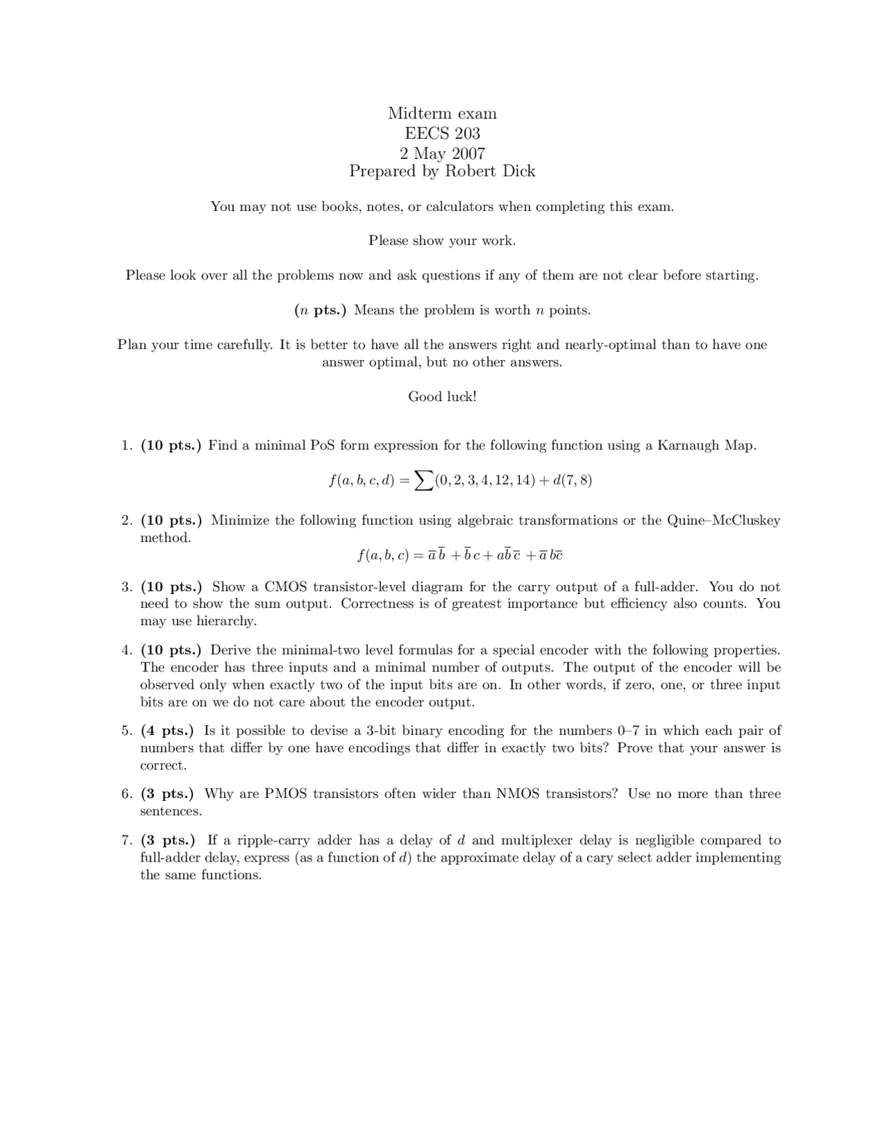 Midterm Exam Questions Discrete Mathematics Eecs 203 Docsity