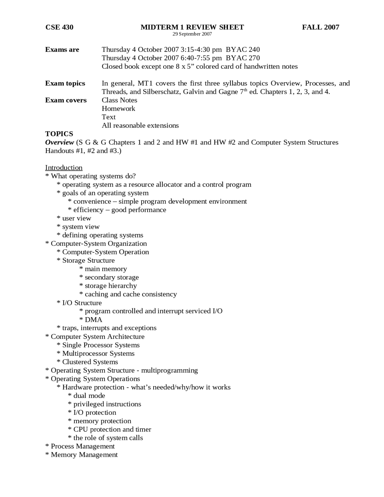 Midterm I Review Sheet Operating Systems Cse 430 Docsity