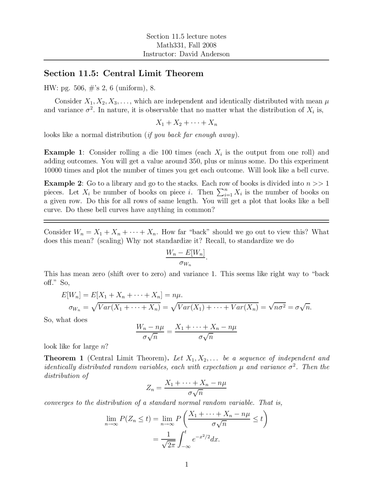 Central Limit Theorem Lecture Notes Math 331 Docsity