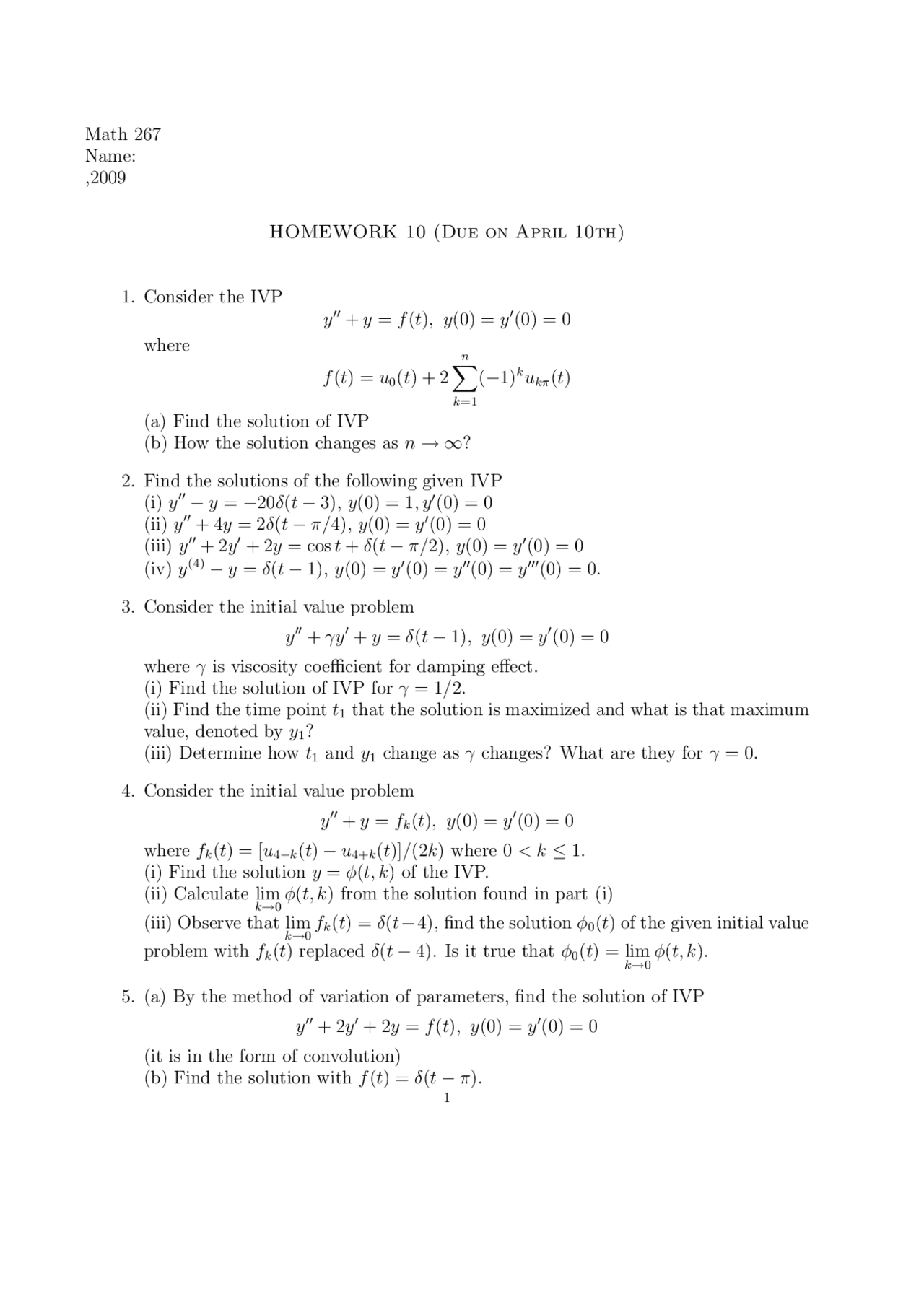 Homework 10 Differential Equations With Laplace Transforms Math 267