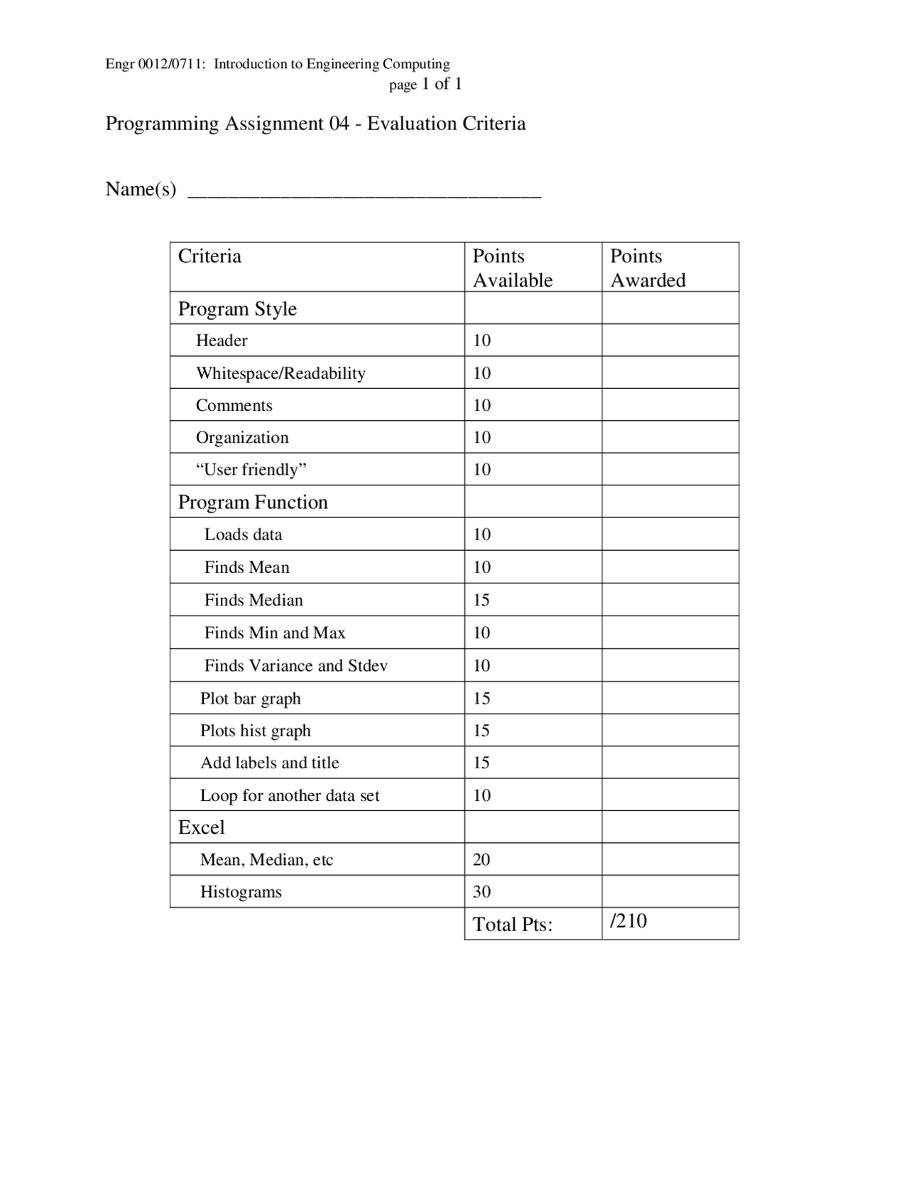 Programming Assignment 4 Introduction To Engineering Computing Engr 0012 Docsity