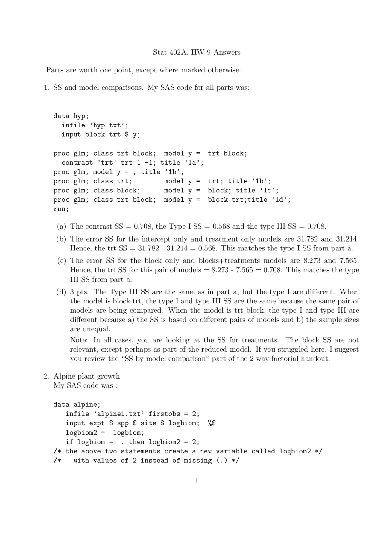 Statistics Design Experiment Solved Homework 9 Stat 402 Docsity
