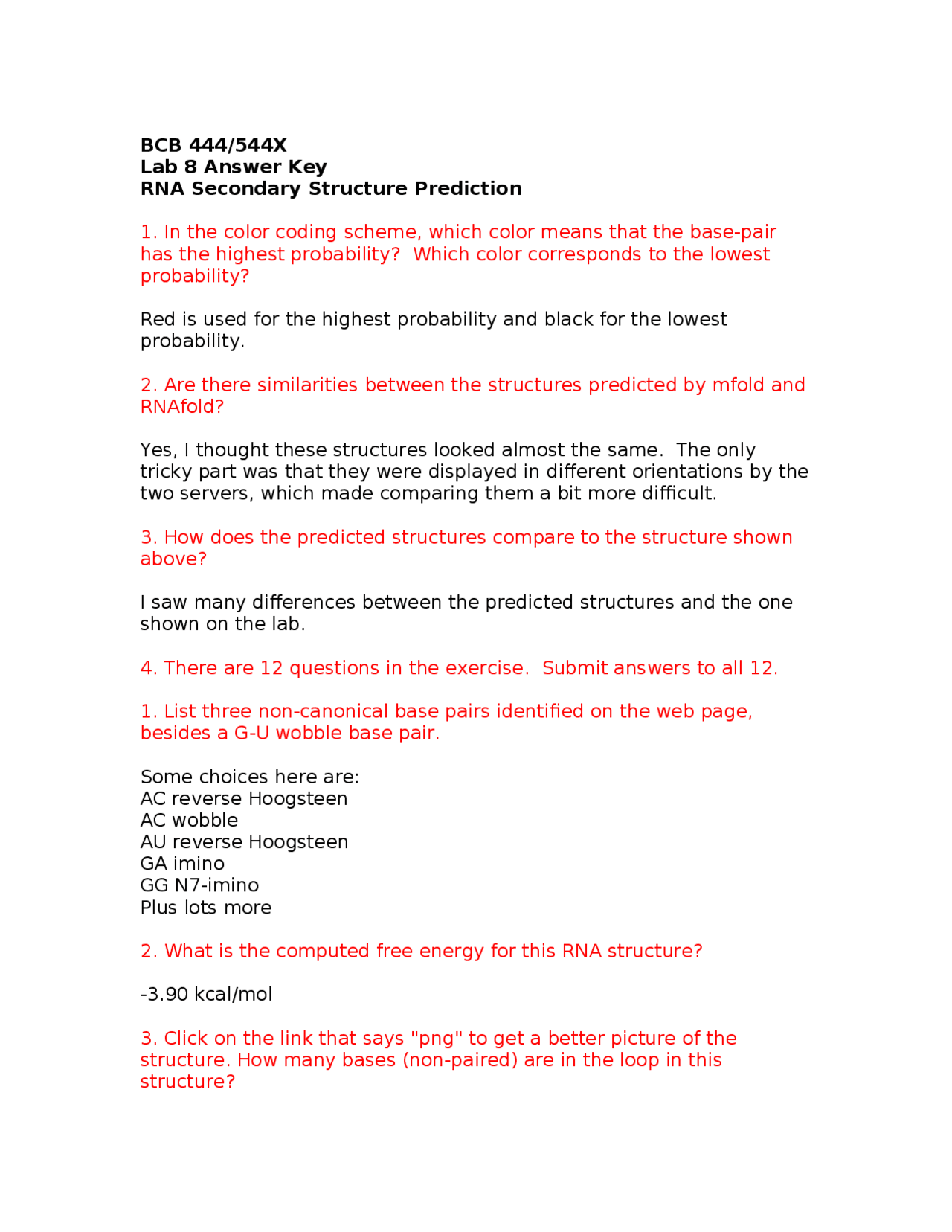 Rna Secondary Structure Prediction Lab 8 Answer Key Bcb 444 Docsity