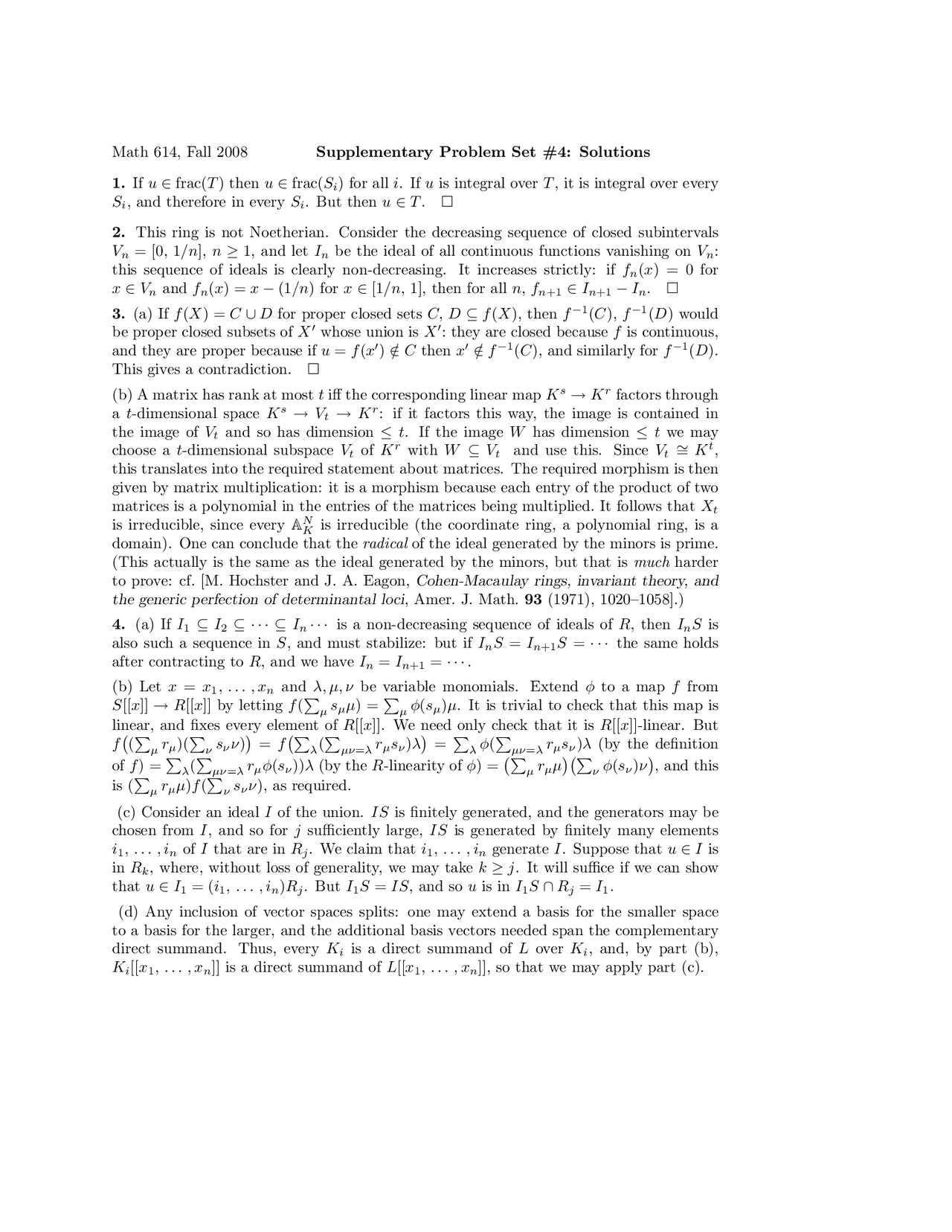 Solutions to Math 614 Problem Set #4, Fall 2008 | Assignments Mathematics | Docsity