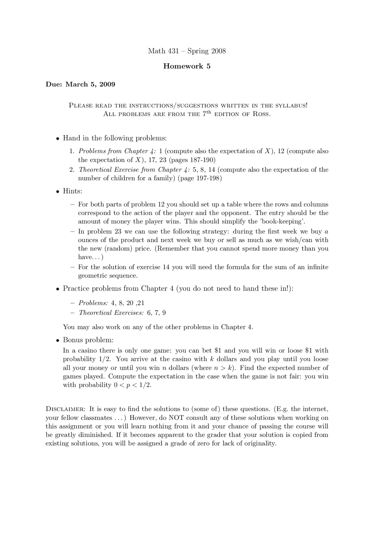 Homework 5 Practice - Introduction to the Theory of Probability | MATH 431 - Docsity