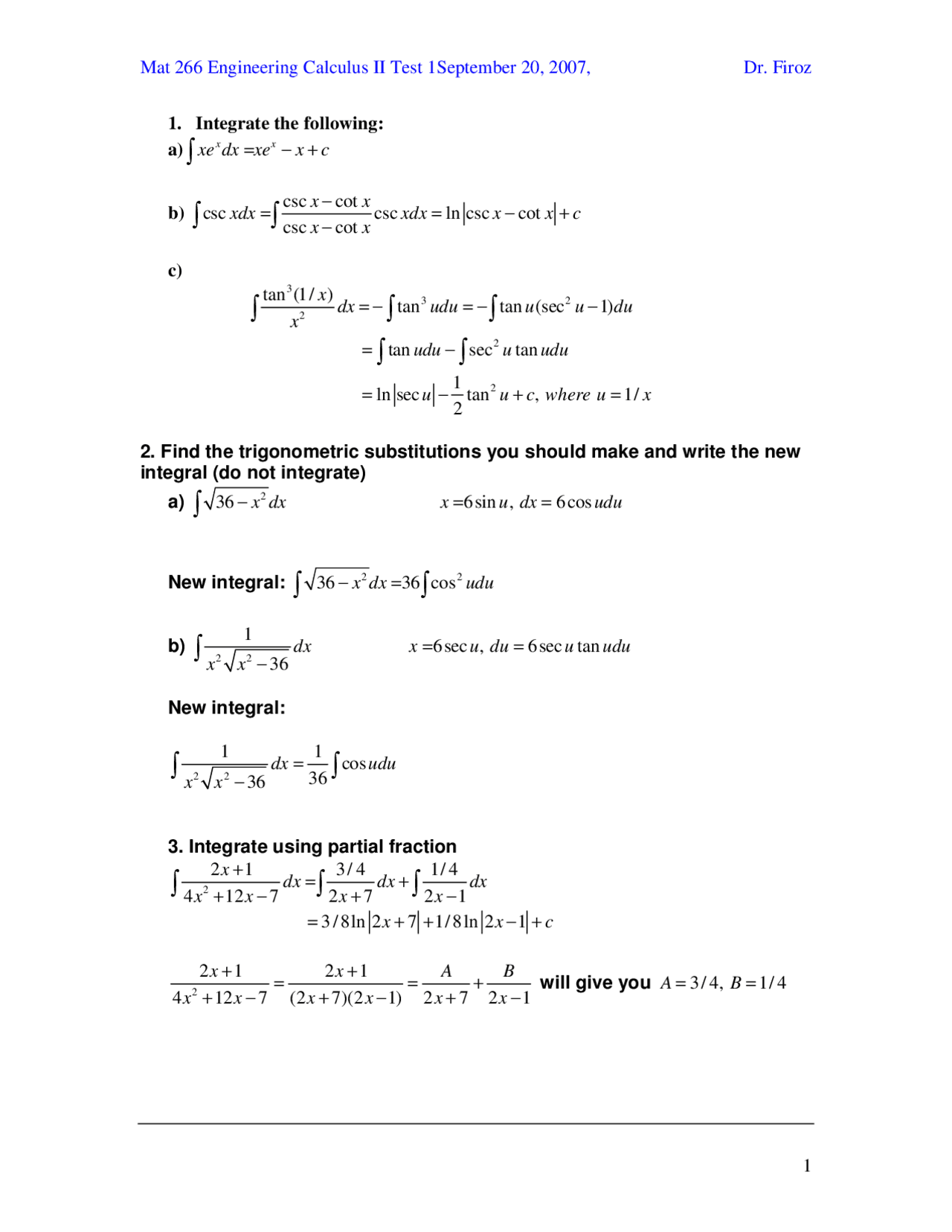 Engineering Calculus II Test 1 – Integrate | MAT 266 - Docsity