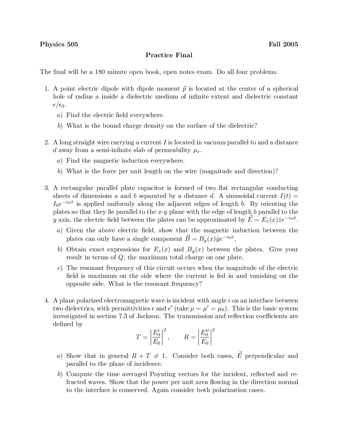 Final Exam Practice - Electricity and Magnetism I - Fall 2005 | PHYSICS ...