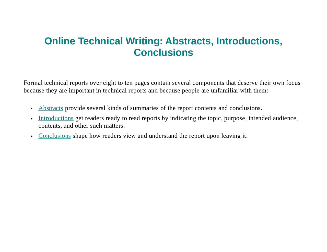 Online Technical Writing Abstracts Introductions Conclusions Eee
