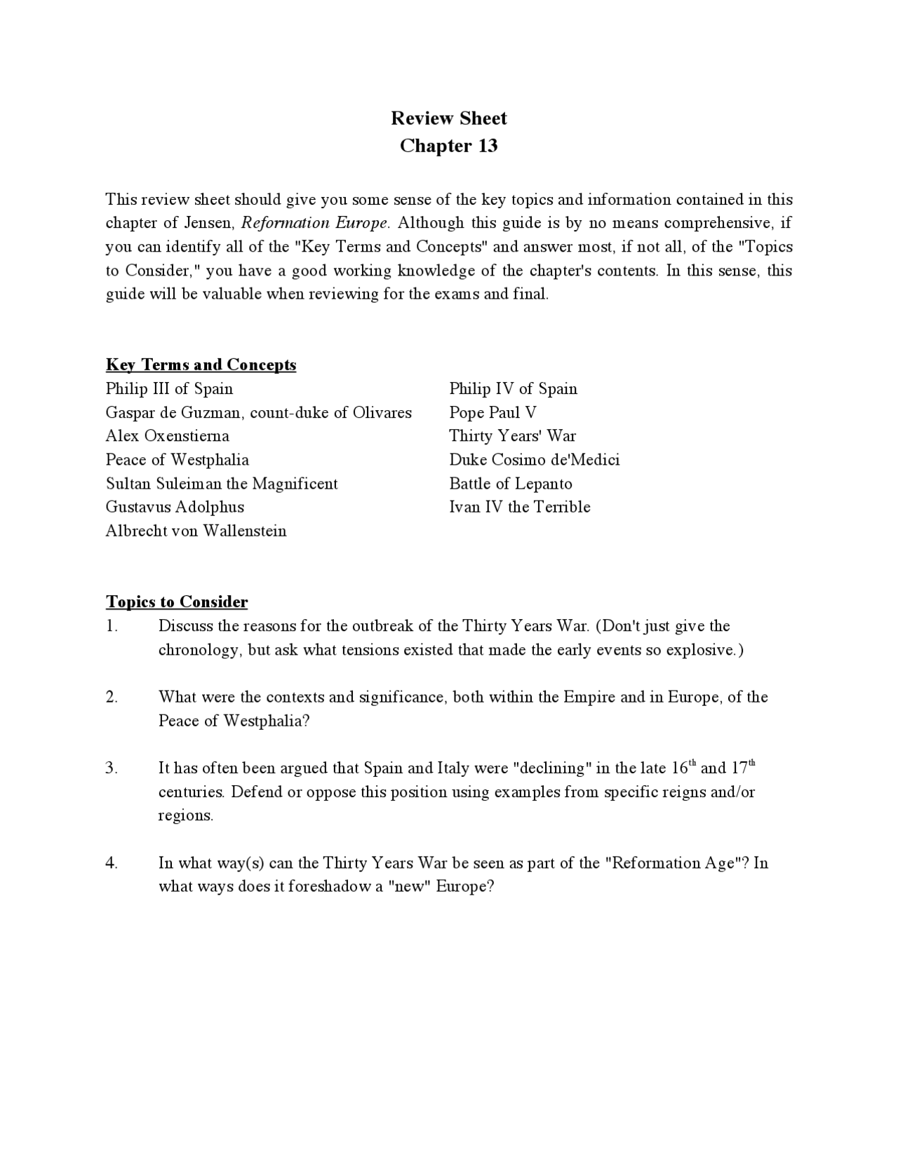 History: Age of Reformation - Review Sheet | HIST 310 - Docsity