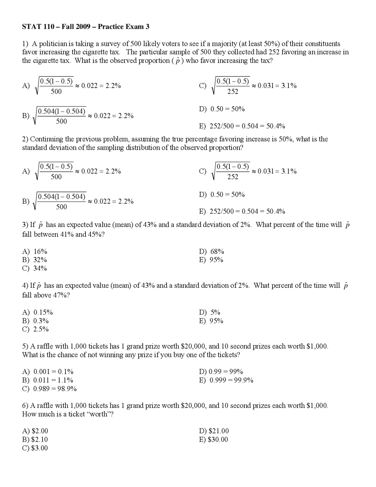 25 Questions On Statistical Reasoning Final Exam Stat 110 Docsity