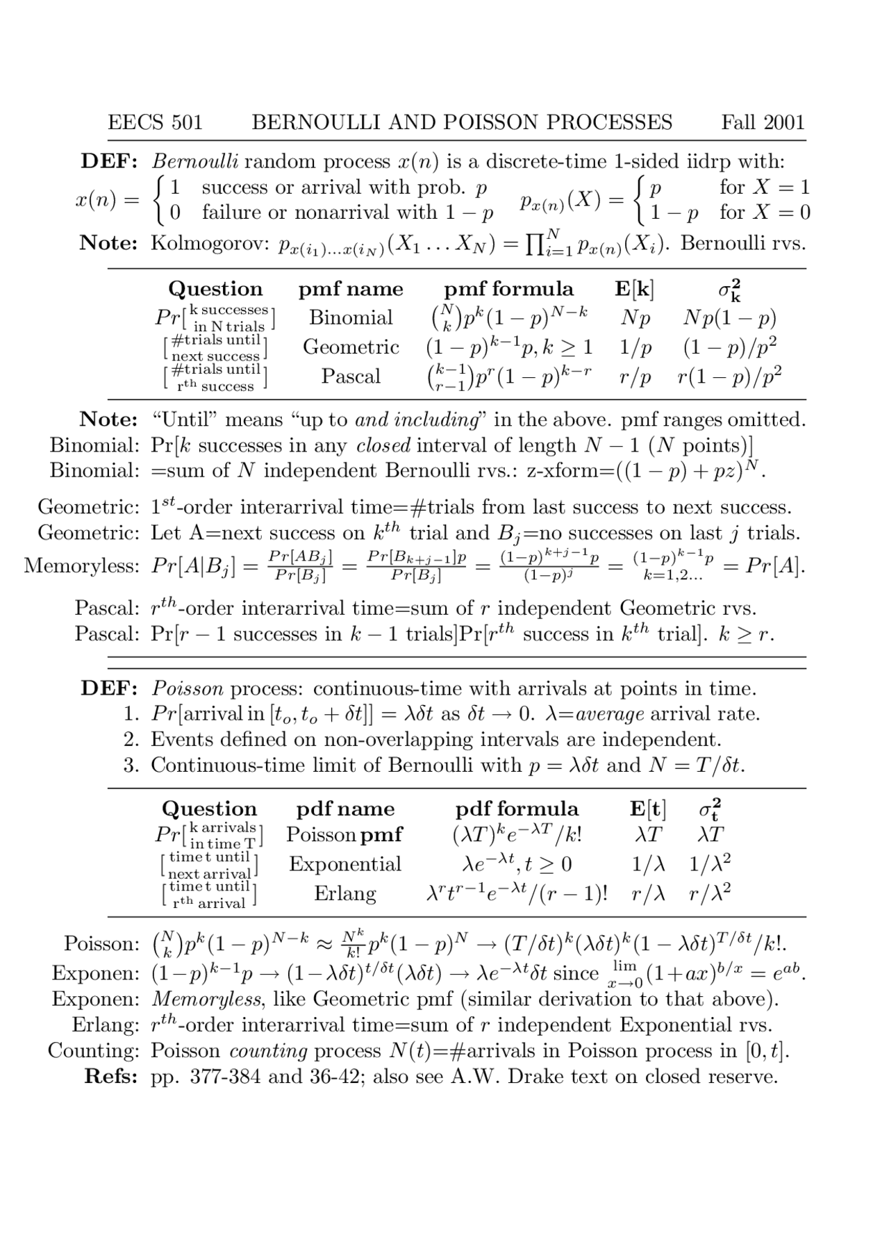 Bernoulli And Poisson Processes Notes Eecs 501 Docsity