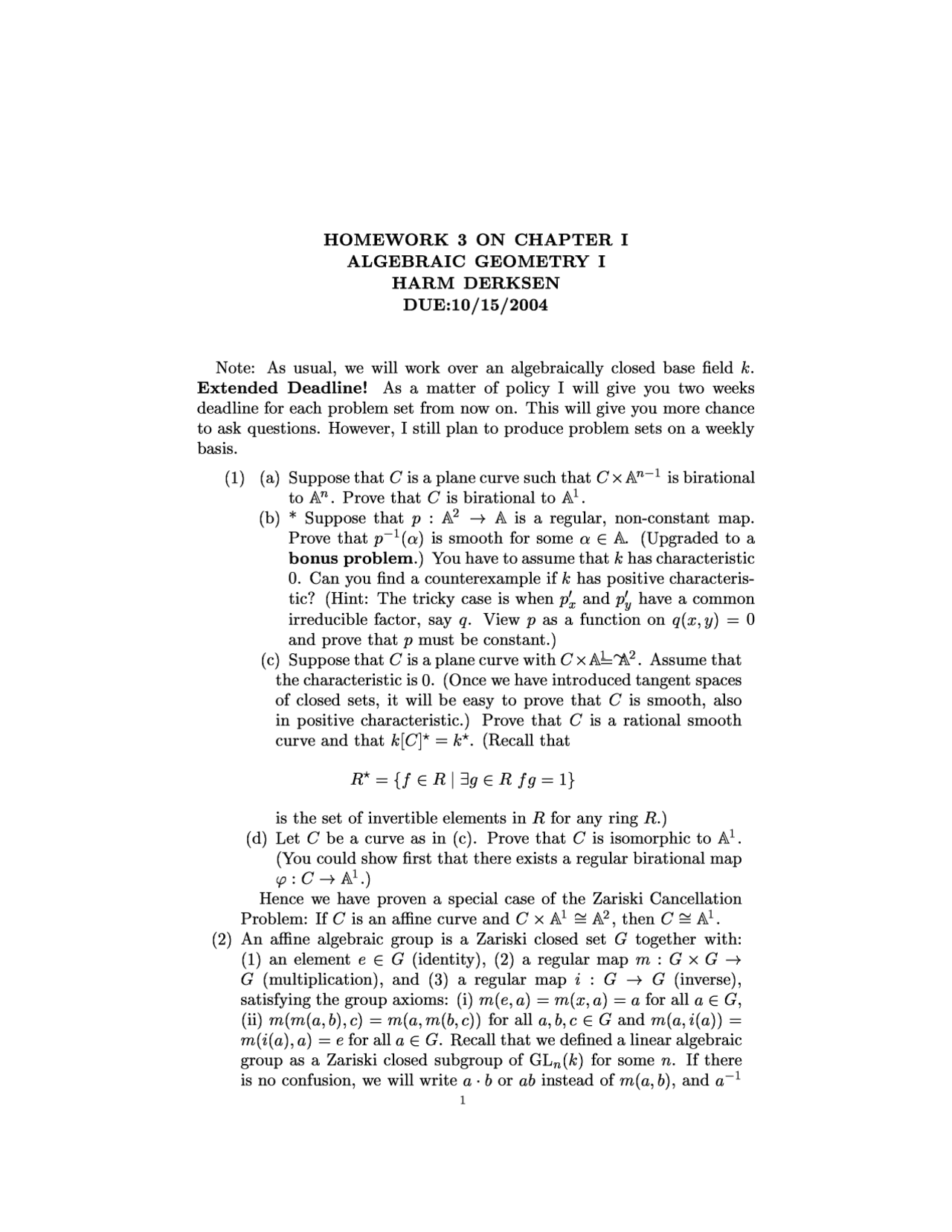 Homework 5 Questions Algebraic Geometry I Math 631 Docsity