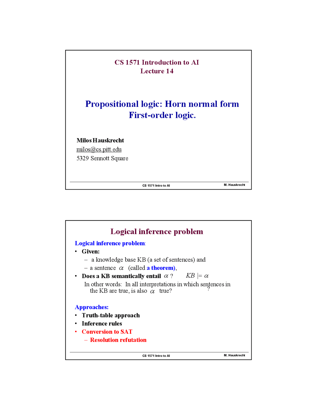 Propositional Logic: Horn Normal from First-Order Logic | CS 1571 - Docsity