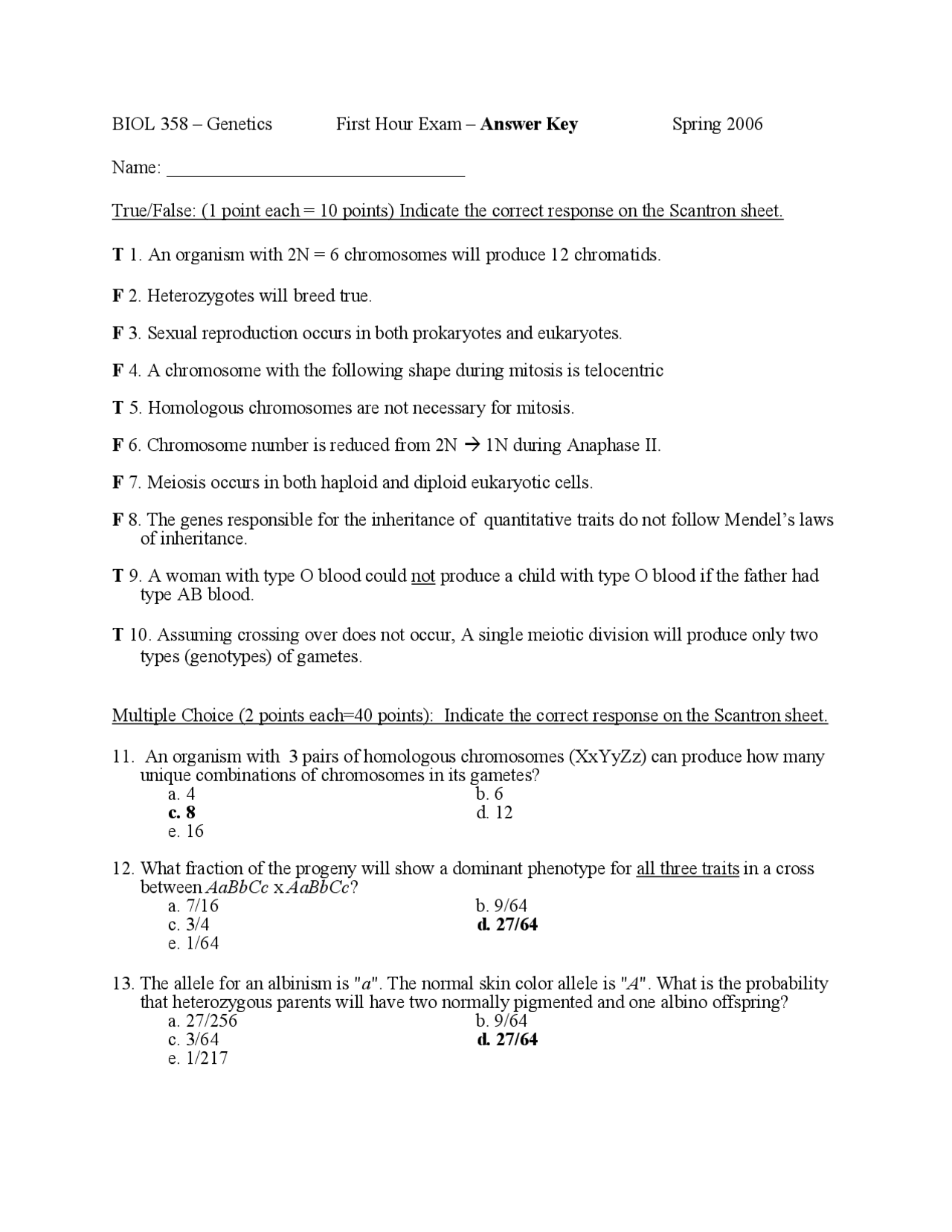 Exam 1 With Answer Key Genetics Biol 358 Docsity