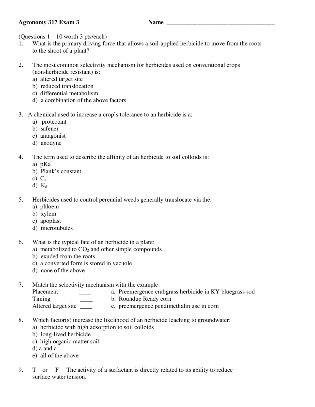 Principles Of Weed Science Practice Exam 3 Agron 317 Docsity