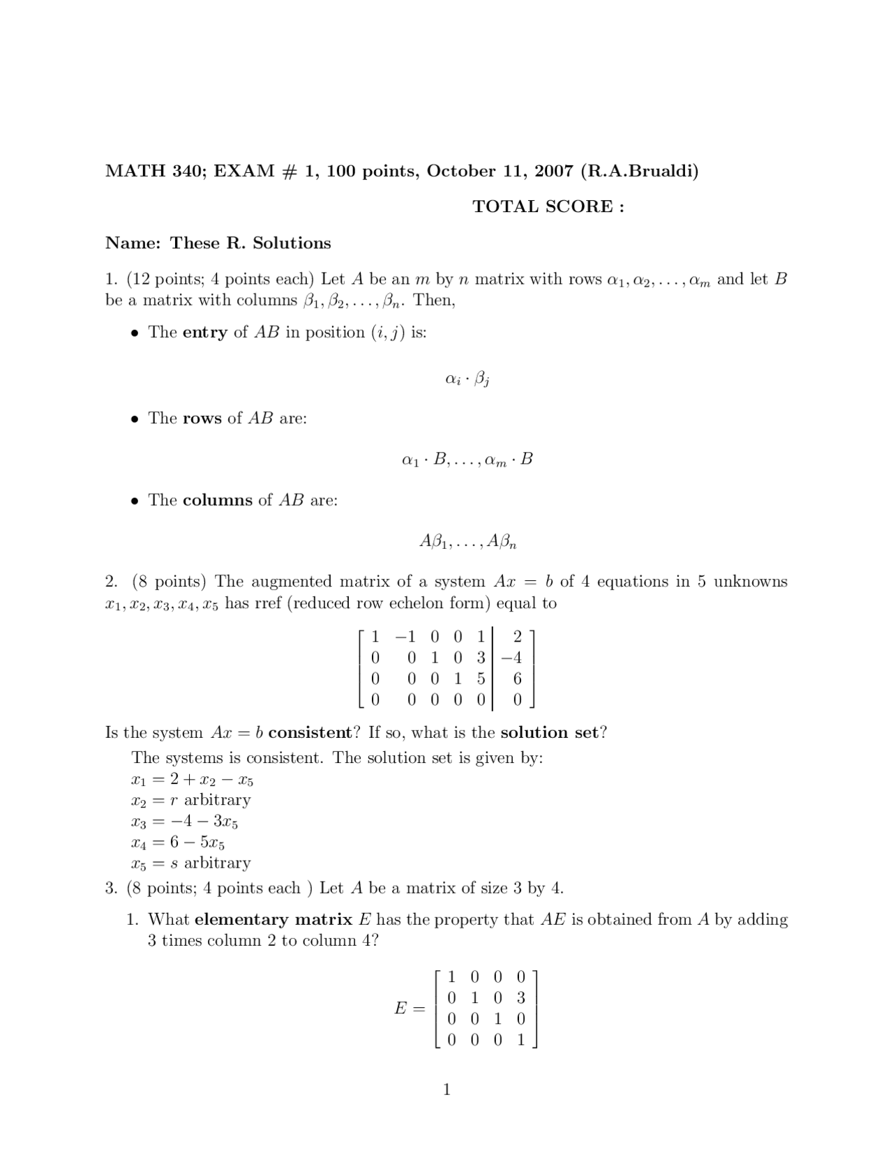 Solved Exam 1 - Elementary Matrix and Linear Algebra | MATH 340 - Docsity