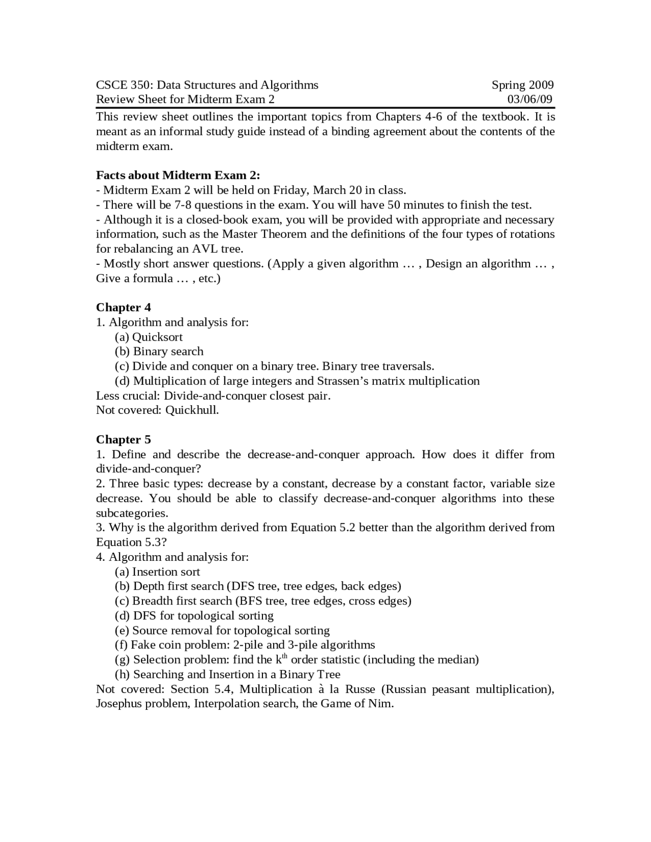 Midterm Exam 2 Review Sheet Data Structures And Algorithms Csce 350 Docsity
