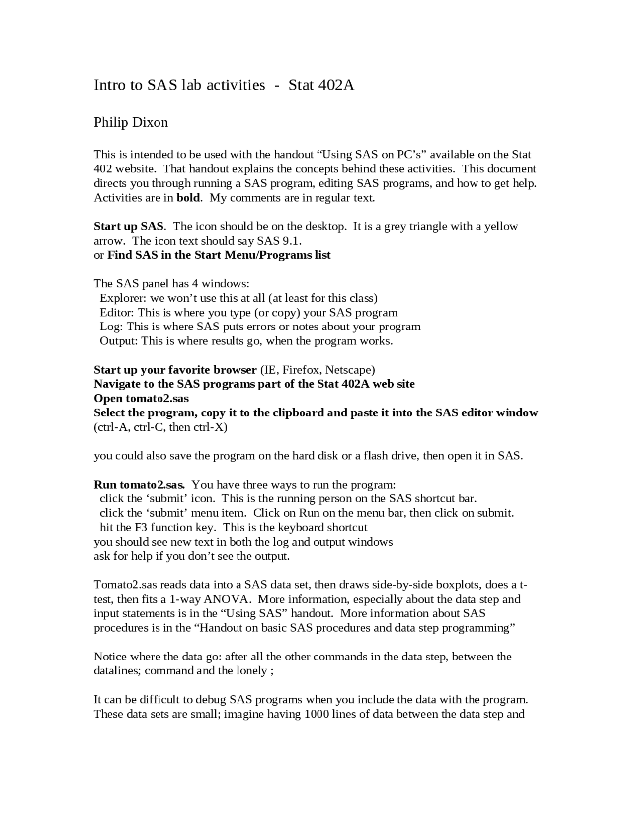 Introduction To Sas Lab Activities Lecture Notes Stat 402 Docsity