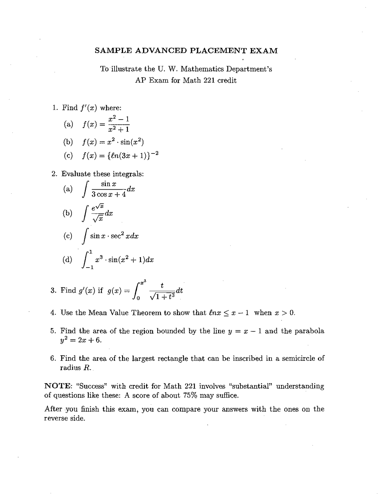 Sample Advanced Placement Exam Calculus And Analytic Geometry Math