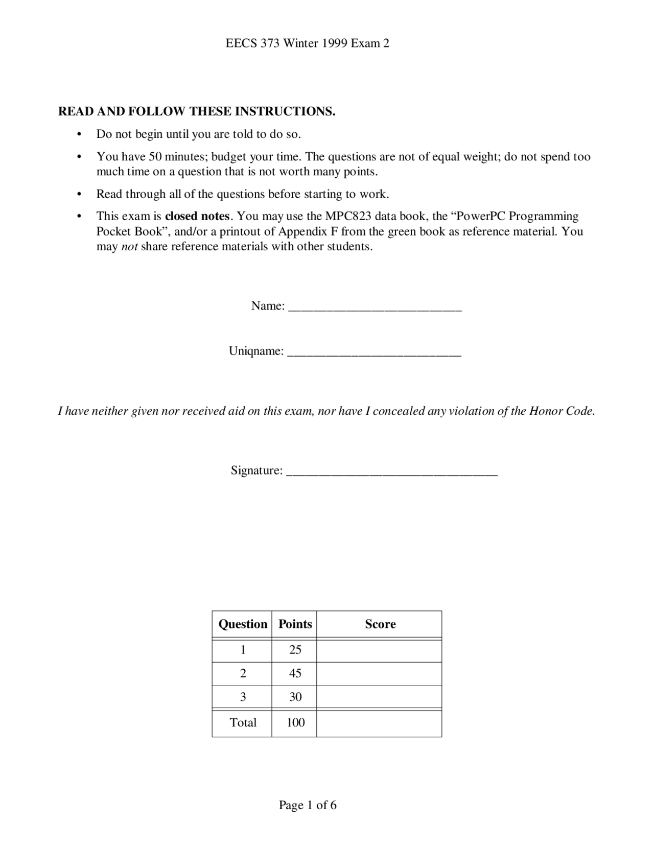 Introduction To Embedded System Design Old Exam 1999 Eecs 373 Docsity
