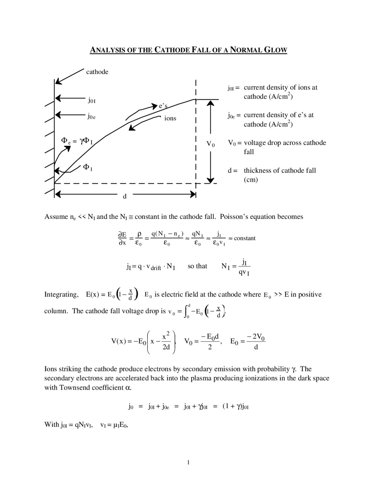 Analysis Of Cathode Fall Of A Normal Glow Notes Eecs 517 Docsity