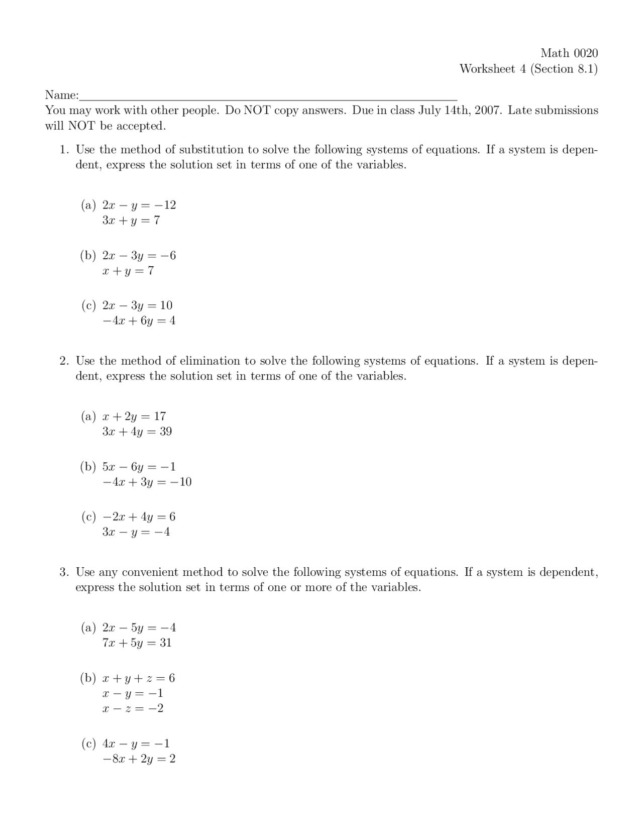 Worksheet 4 for College Algebra | MATH 0020 - Docsity