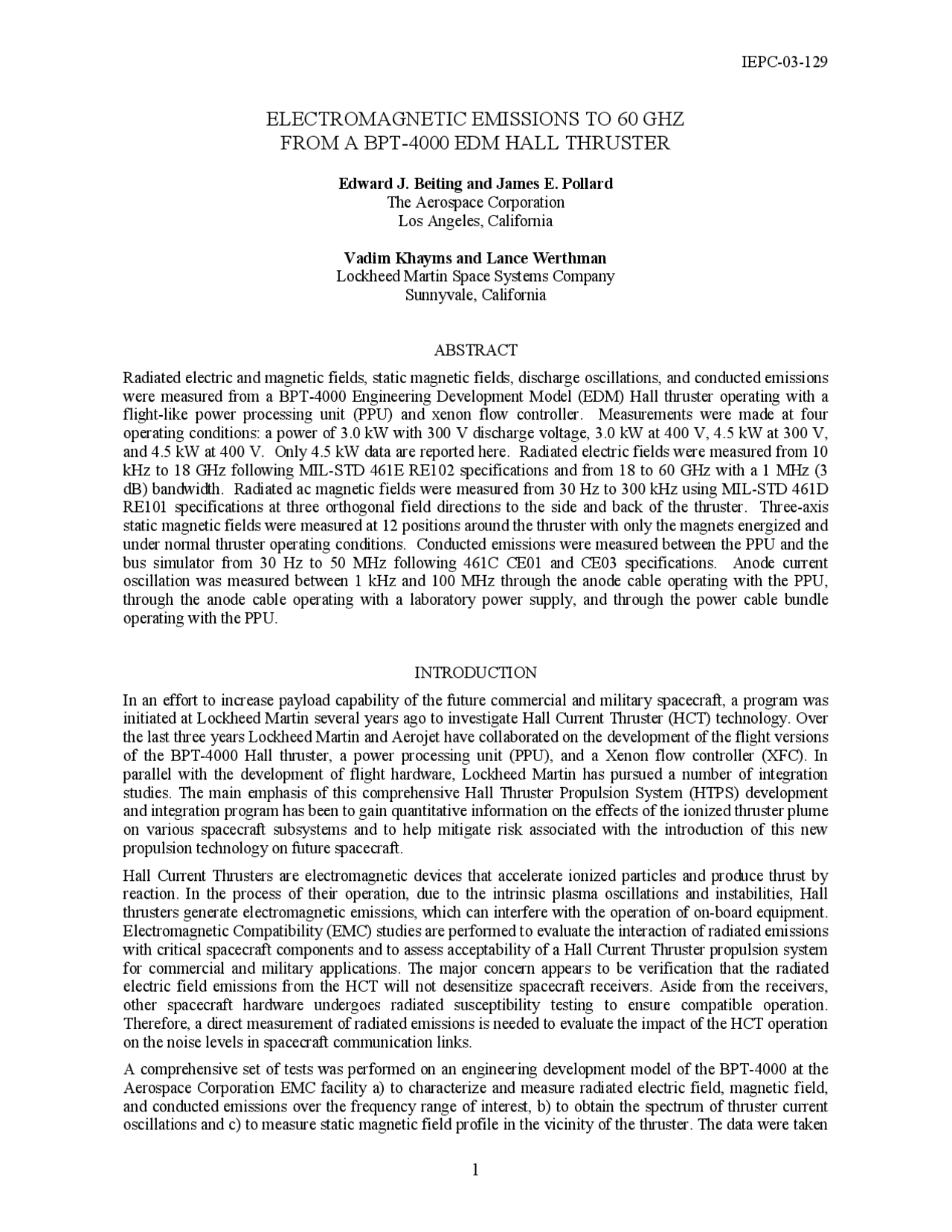 Electromagnetic Emission to 60 GHz from a BPT 4000 Edm Hall Thruster ...