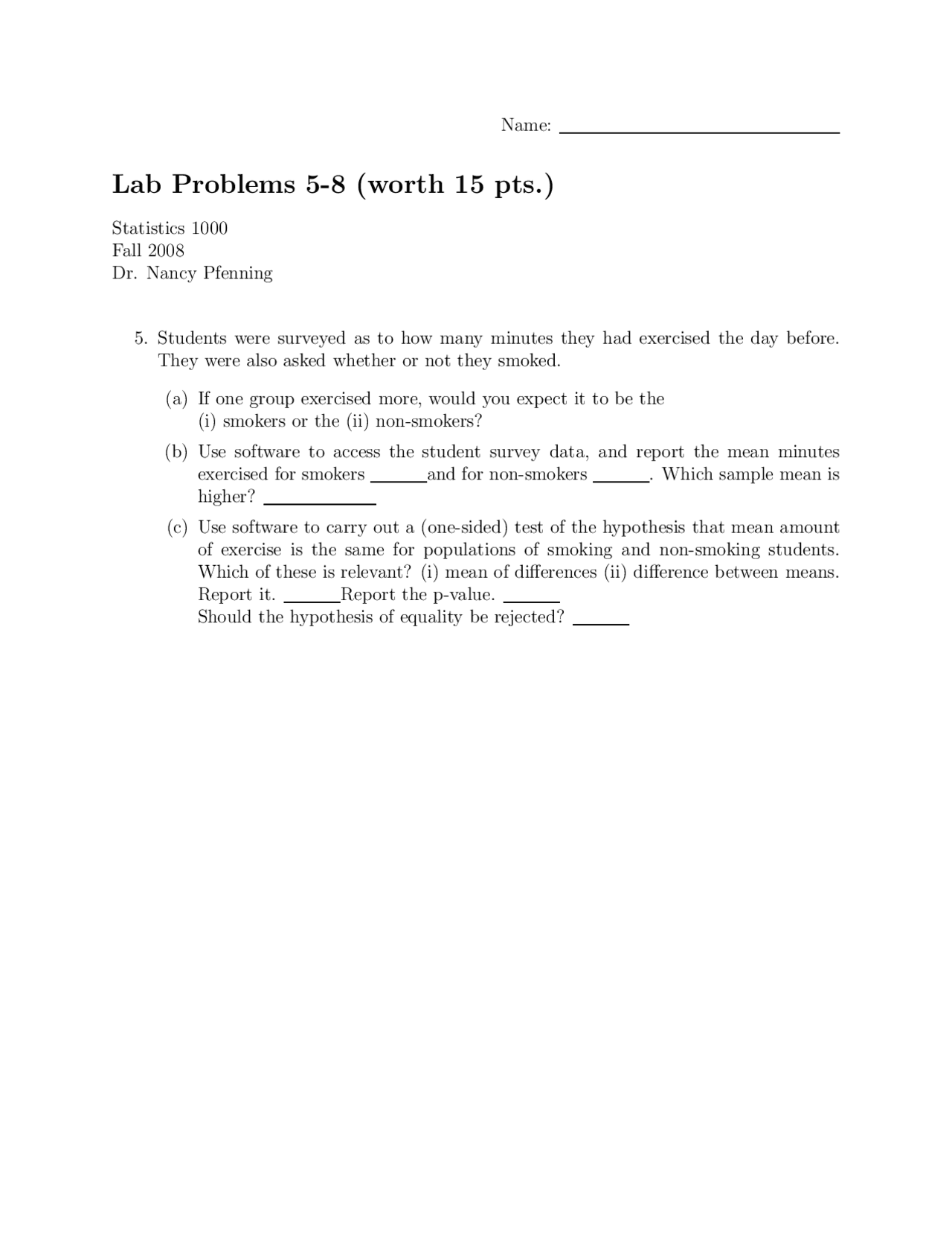 Lab Problems: Exercise & Sleep, TV Time & Weight, Regression Analysis - Prof. Nancy M. Pfe | Lab ...