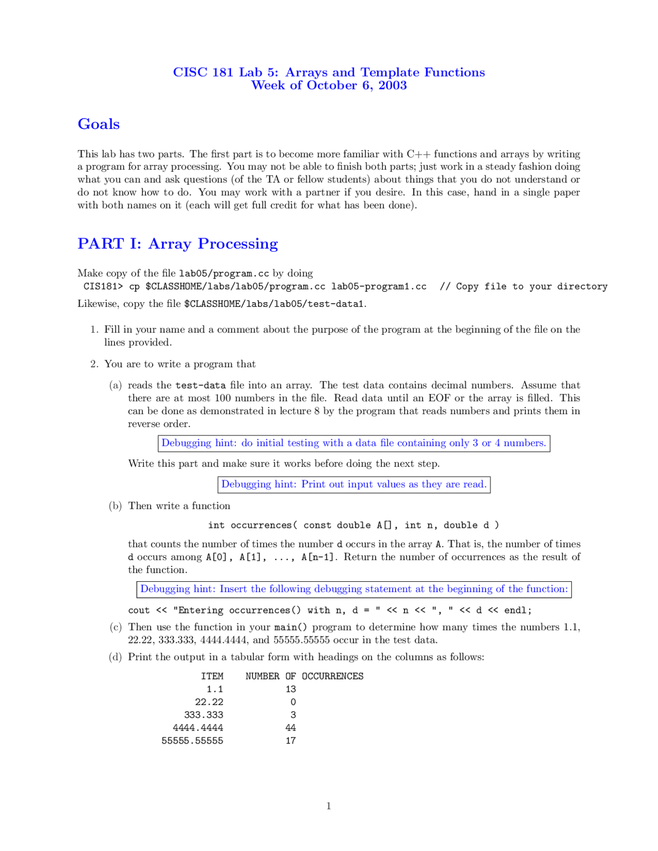 Lab 5 Arrays And Template Functions Cisc 181 Docsity