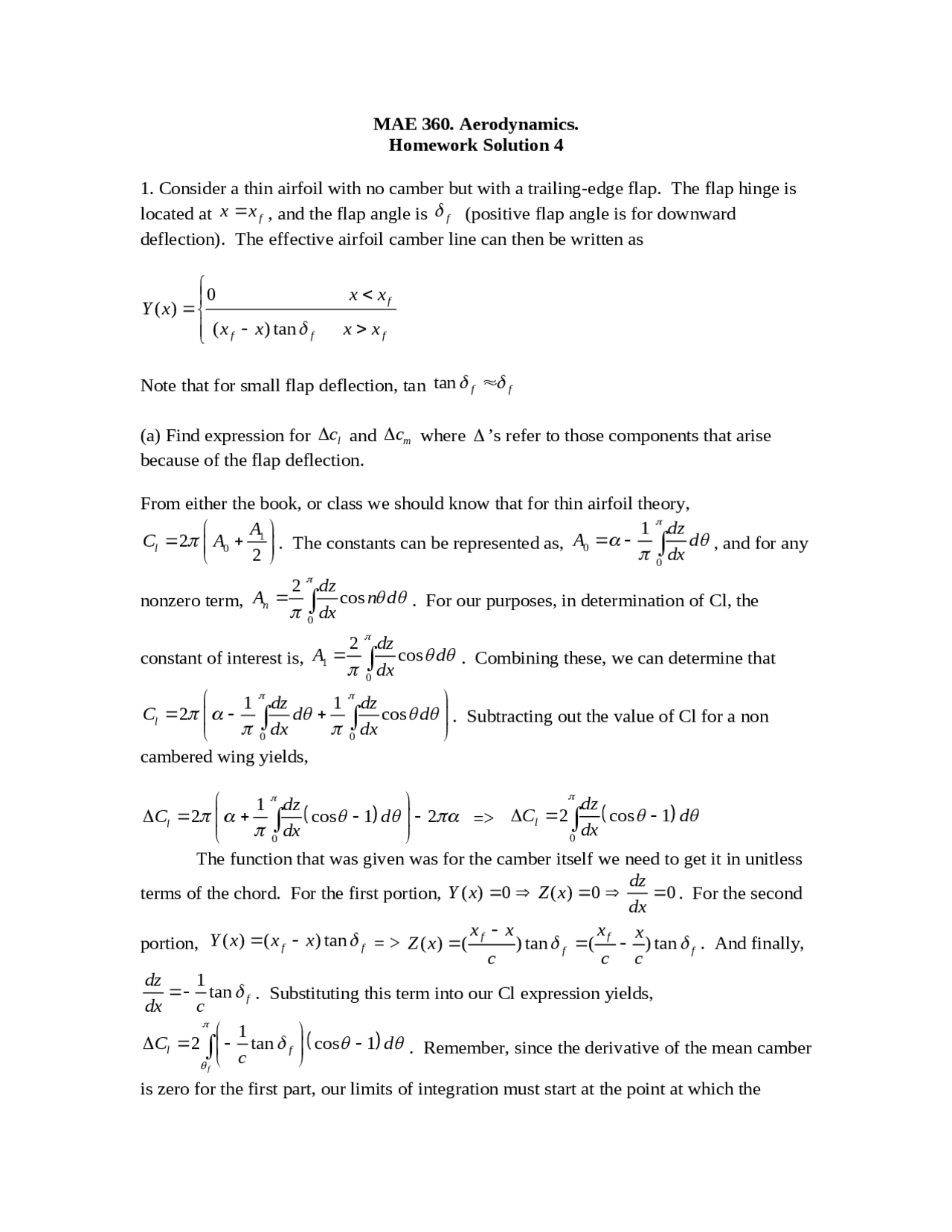 Solved Questions Of Aerodynamics Assignment 4 Mae 360 Docsity