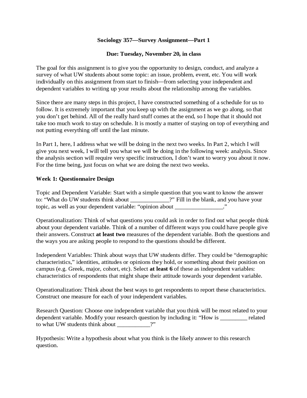 Survey Assignment Methods Of Sociological Inquiry Soc 357 Docsity