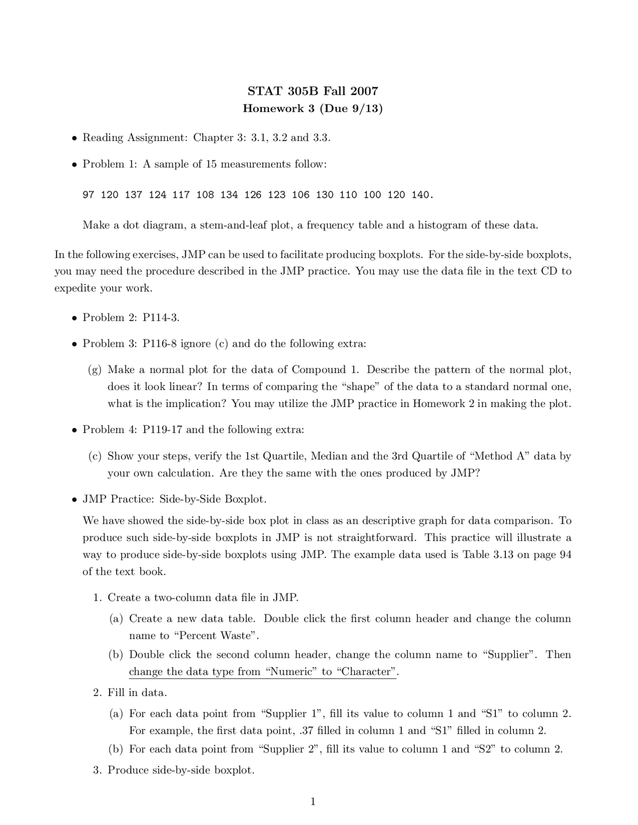 Homework 3 For Engineering Statistics Stat 305 Assignments Statics Docsity