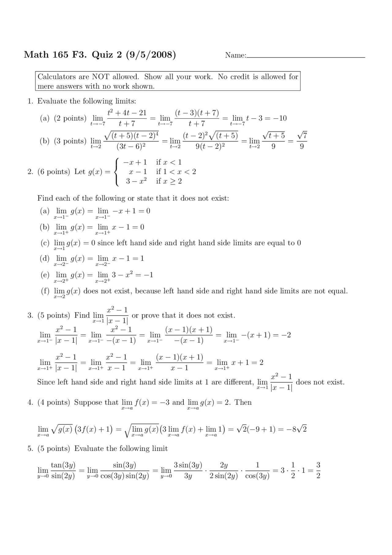 Evaluate The Following Limits Quiz 2 Math 165 Docsity