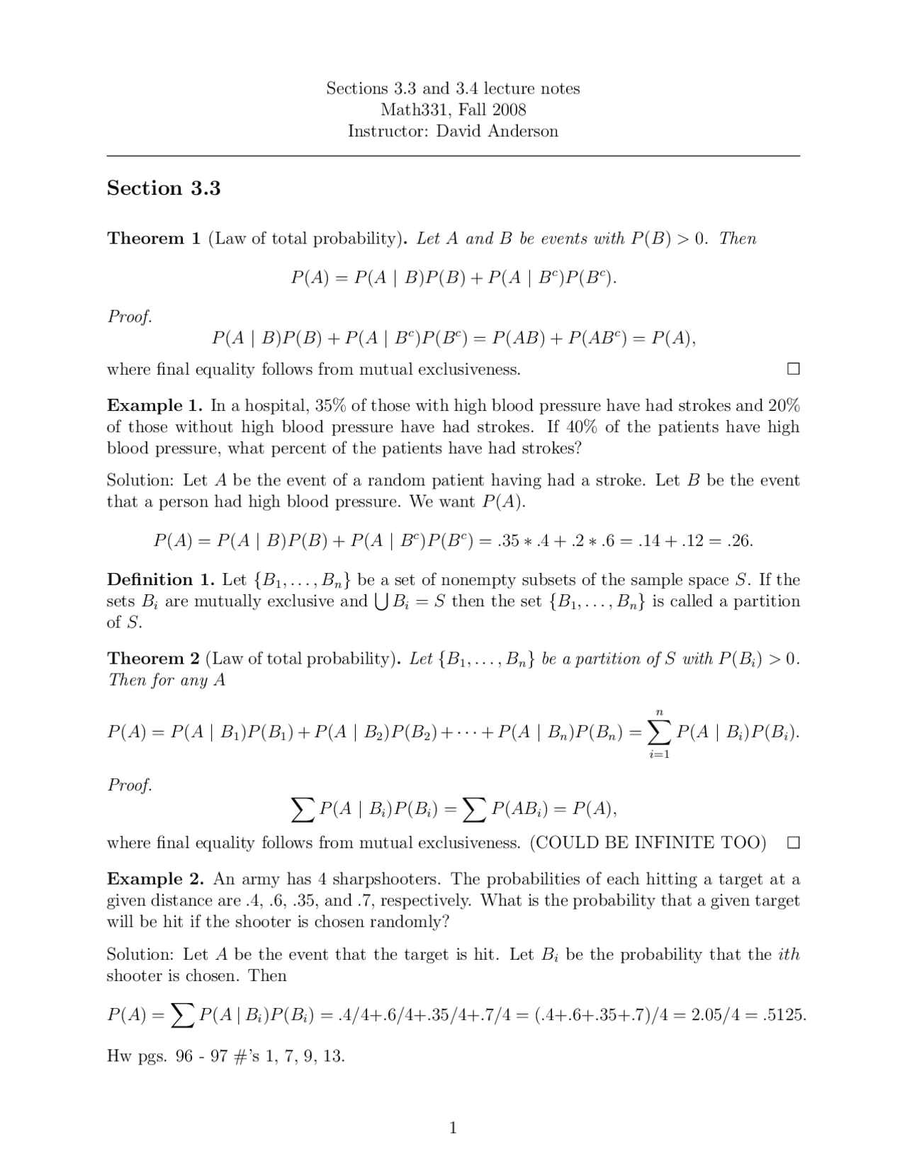 Bayes Formula - Solved Examples - Probability and Markov Chain Models | MATH 331 - Docsity