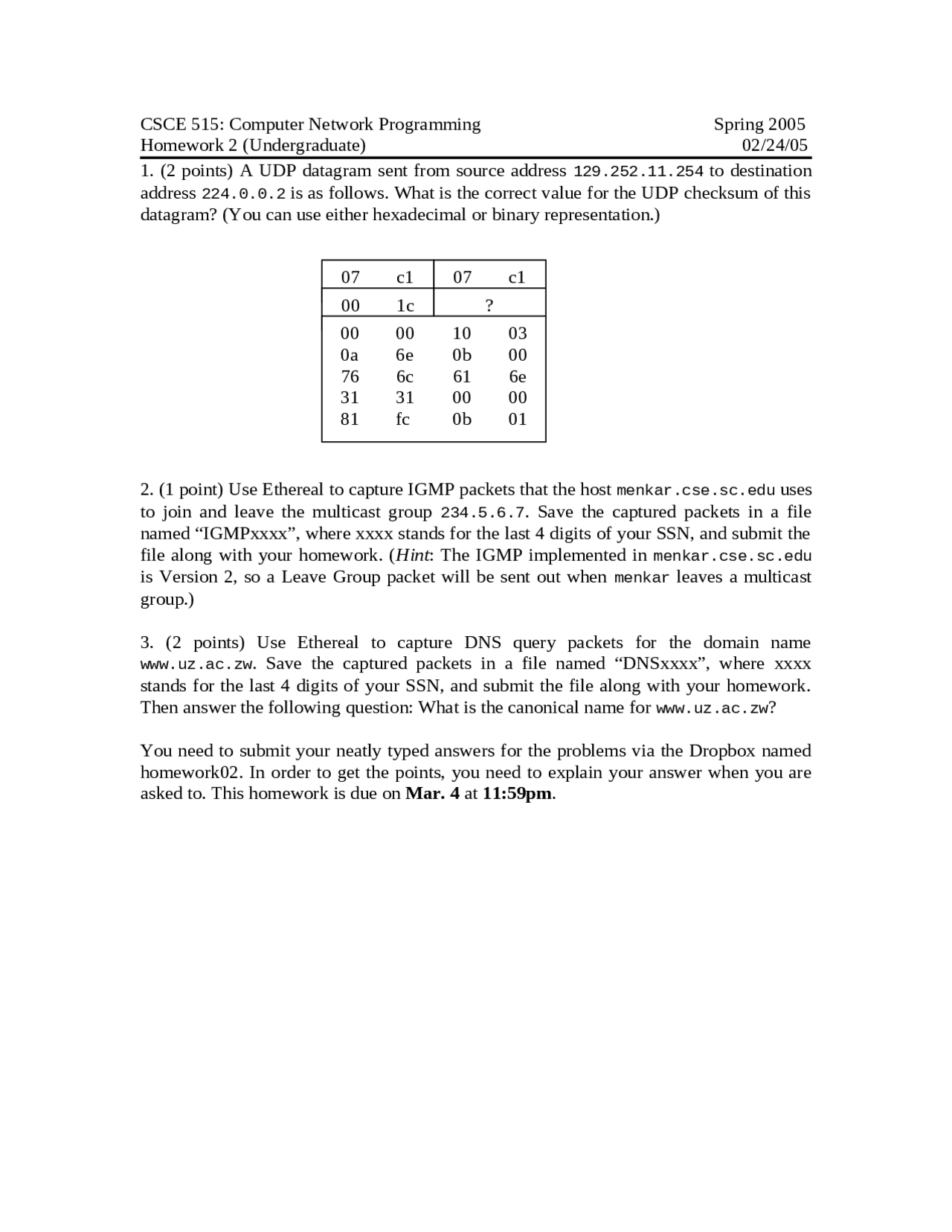 CSCE 515: Computer Network Programming - Homework 2 | Assignments Computer Science | Docsity