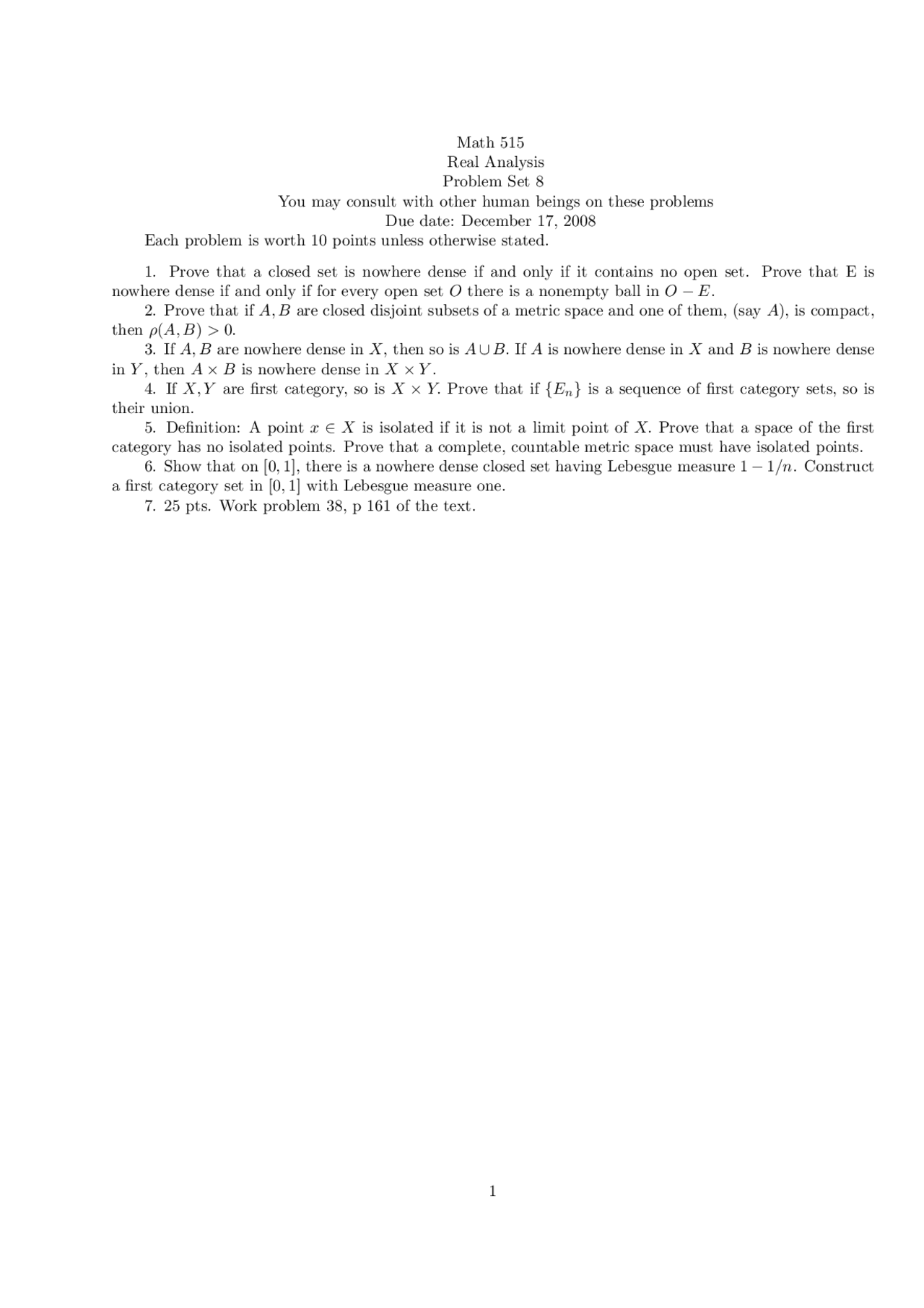 Introduction To Real Analysis I Problem Set 8 Math 515 Docsity