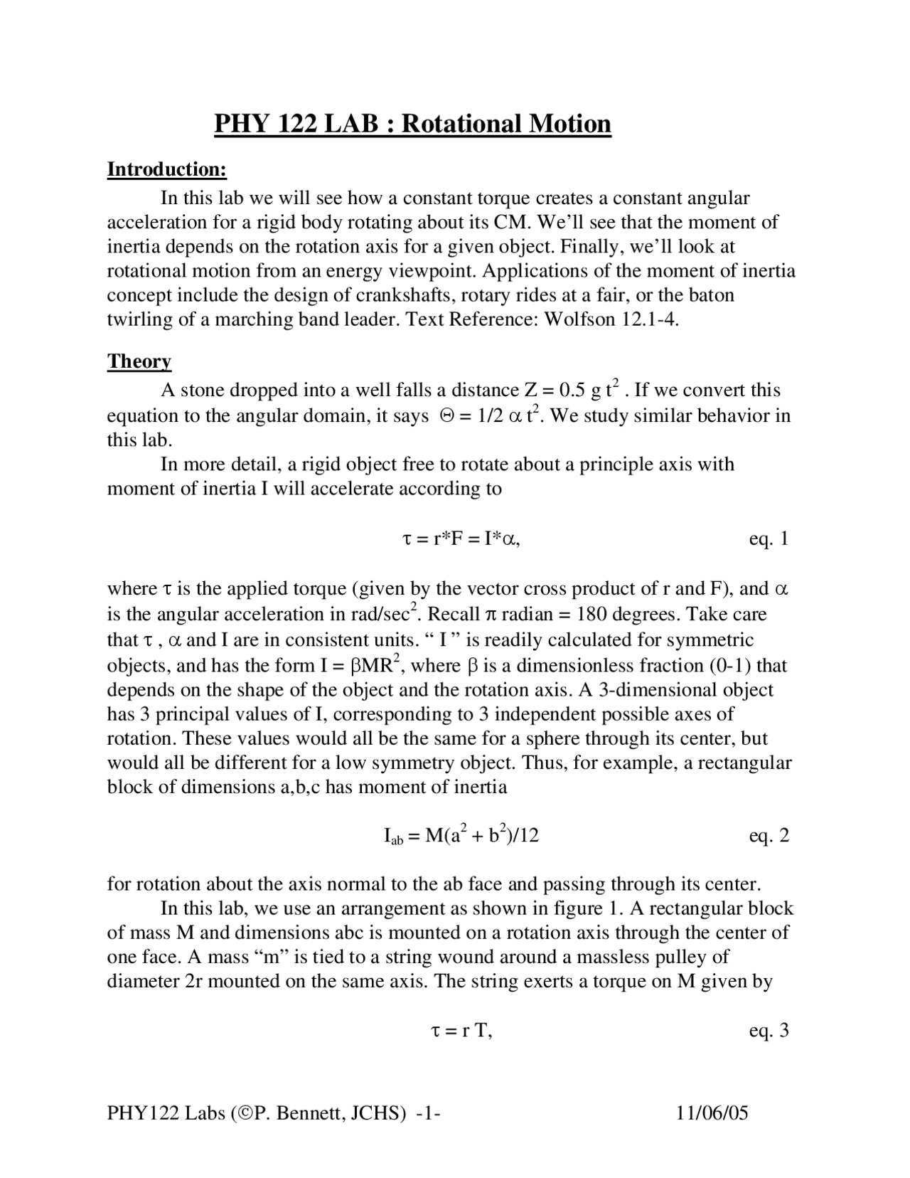 Rotational Motion University Physics Lab I Phy 122 Lab Docsity